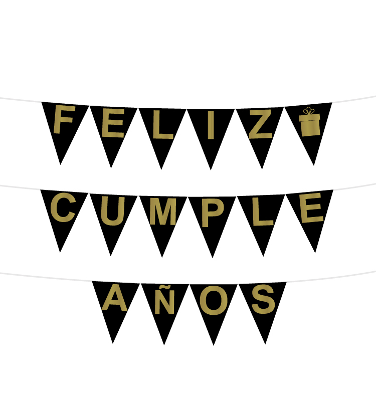 BANDERÍN FELIZ CUMPLEAÑOS NEGRO Y DORADO